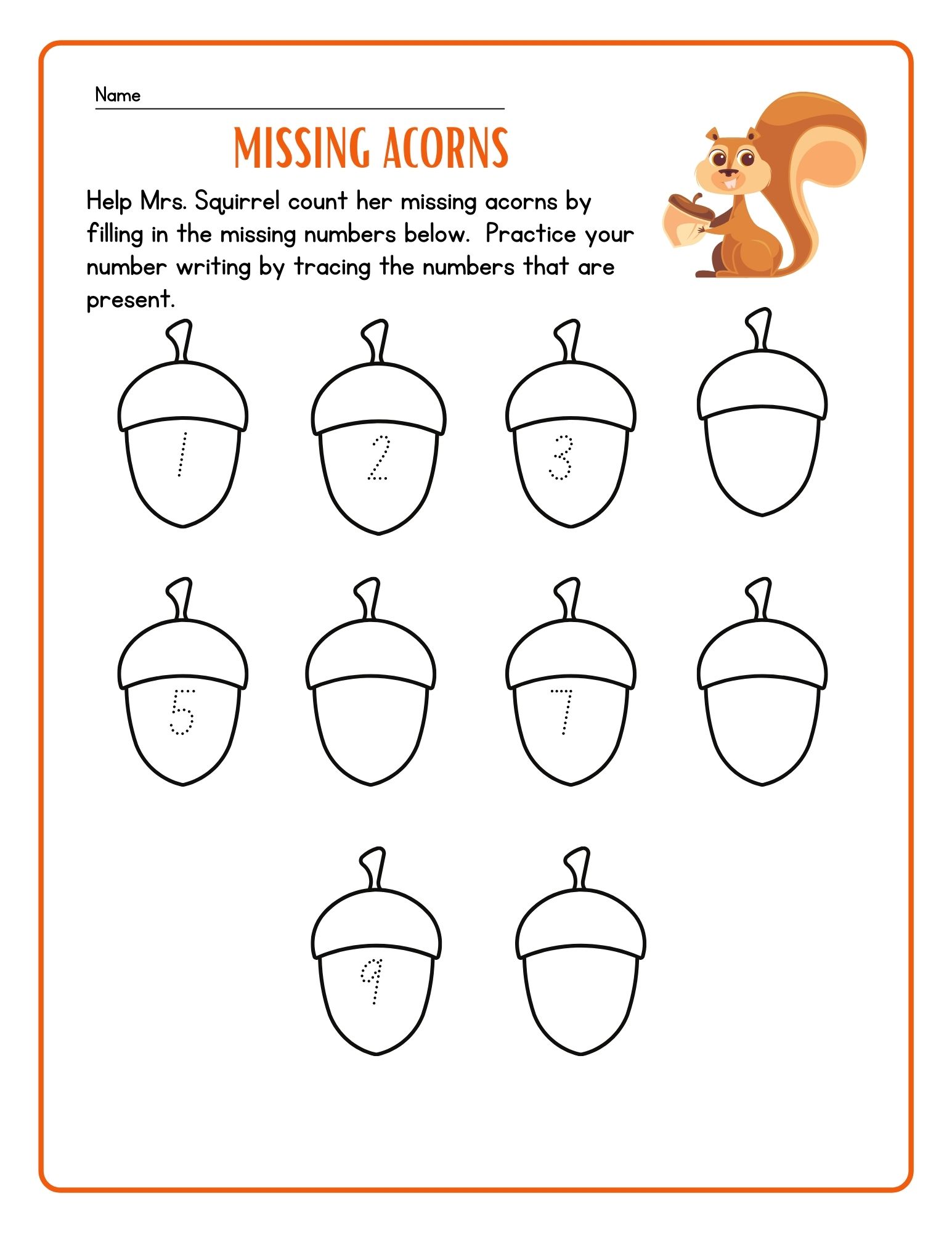 Missing Acorns Number Sheet